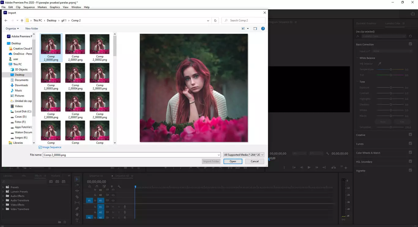 sequência de imagens no Adobe Premiere