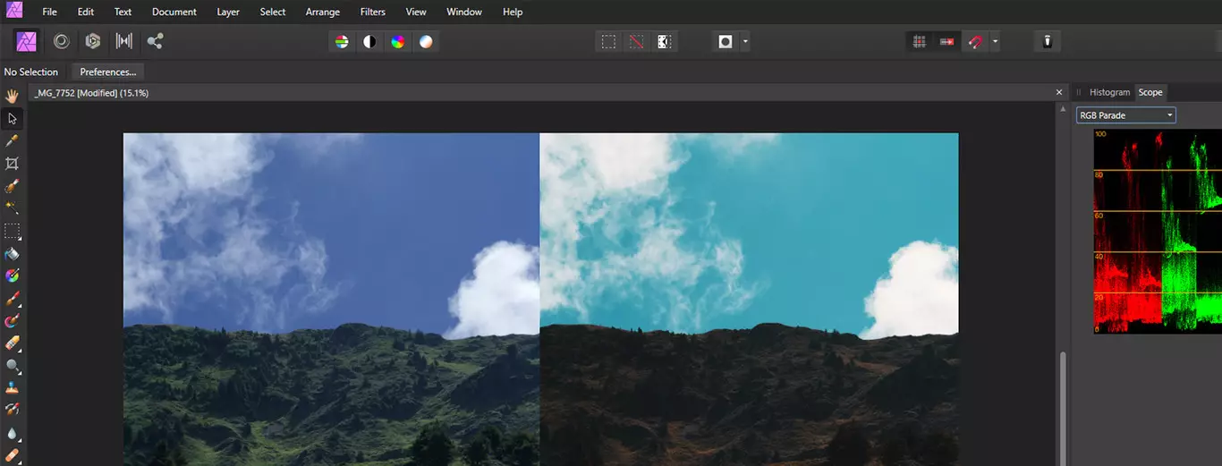 Earste stappen yn Affinity Photo, ien fan 'e alternativen foar Photoshop: ôfbylding bewurkje