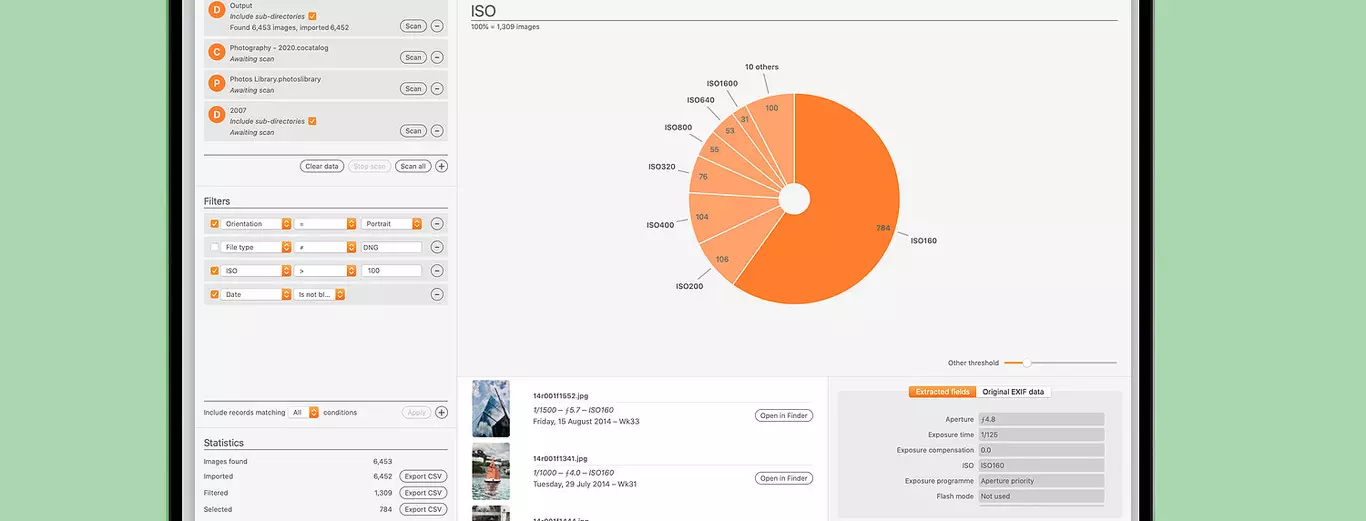 PhotoStatisctica нь бидний зургуудаас EXIF өгөгдлүүдийг гаргаж, ISO, диафрагм, фокусын урт эсвэл хурдыг шинжлэх програм юм.