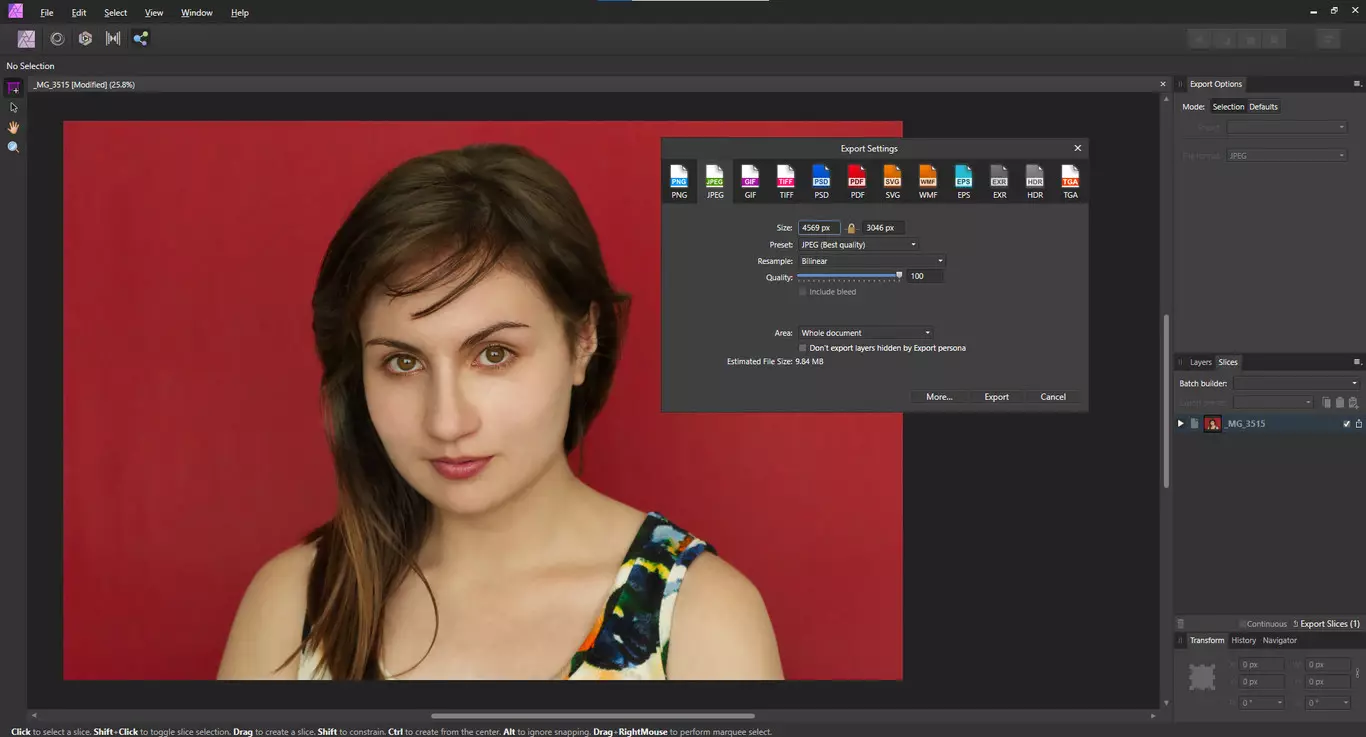 Exportieren Sie Bilder in Affinity Photo