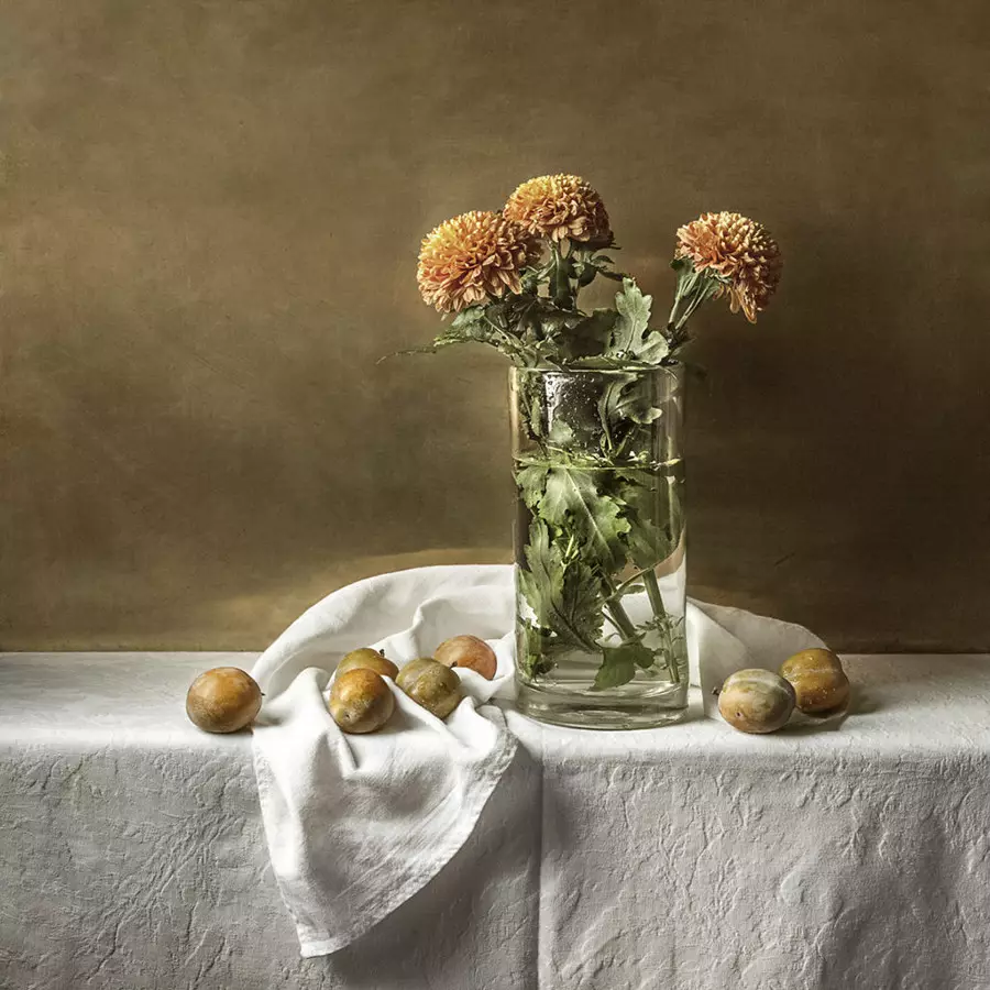 Pilar Pequeno Plums And Glass Container With Chrysanthemums 2018 C Pilar Pequeno