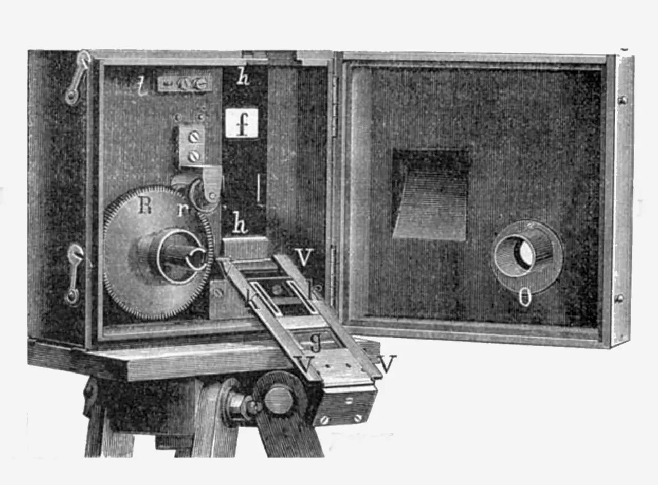 Sơ đồ chiếc máy quay phim đầu tiên do anh em nhà Lumiere phát minh. Năm 1987.