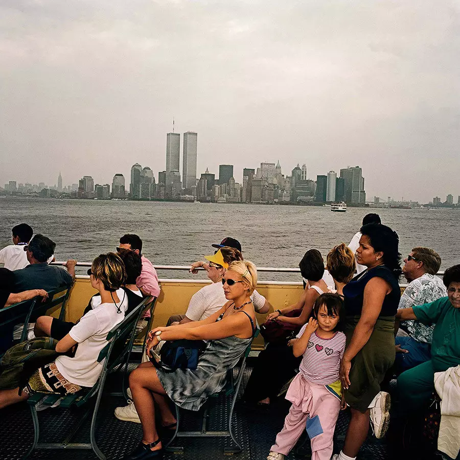 Tourists On Ferry To Statue Of Liberty Island Ny